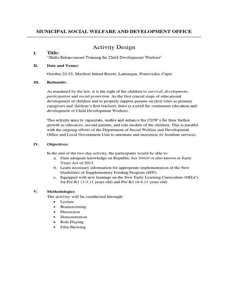 Activity Design: Municipal Social Welfare and Development Office | PDF ...