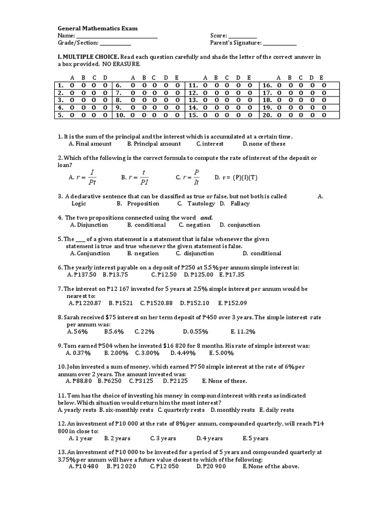 Exam GenMath q2 | PDF | Interest | Mathematical Logic