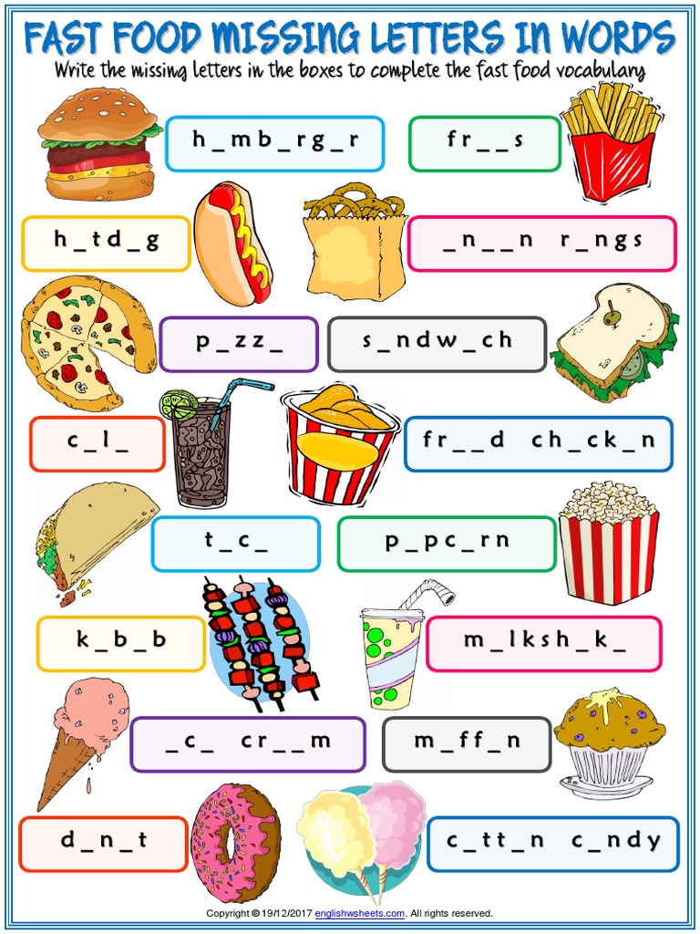 Fast Food Vocabulary Esl Missing Letters in Words Worksheet For Kids ...