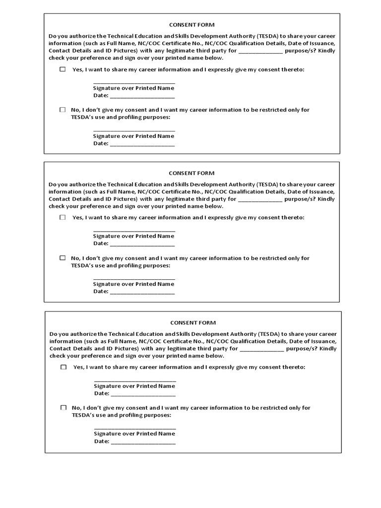 TESDA consent form sharing career info | PDF | Government | Business