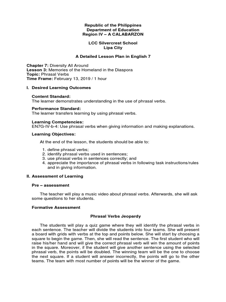 Phrasal Verbs Detailed Lesson Plan | PDF | Phrase | Preposition And ...