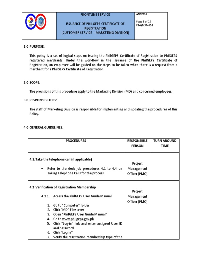 Providing PhilGEPS Registration Assistance: A Standard Operating ...