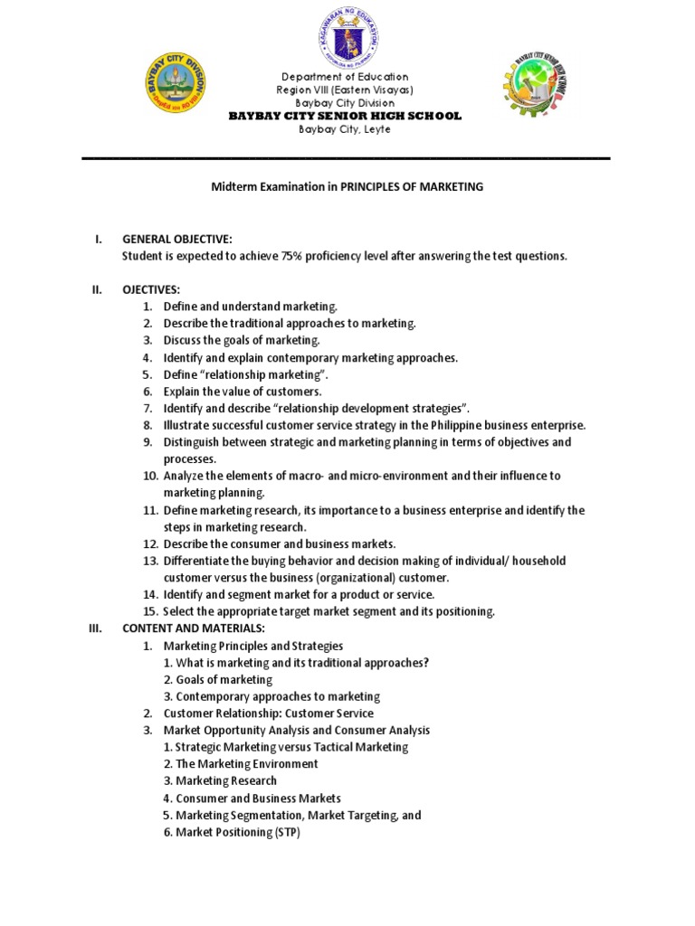 Midterm Examination in PRINCIPLES OF MARKETING | PDF | Market Segmentation | Marketing Research
