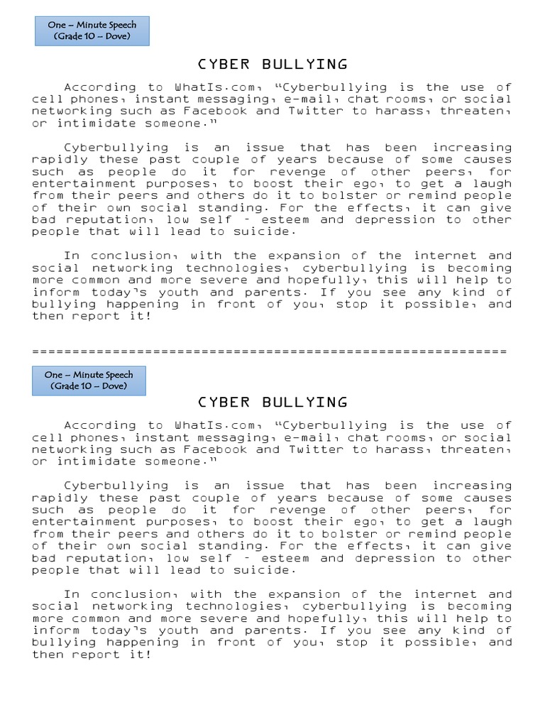 Cyber Bullying: One - Minute Speech (Grade 10 - Dove) | PDF ...