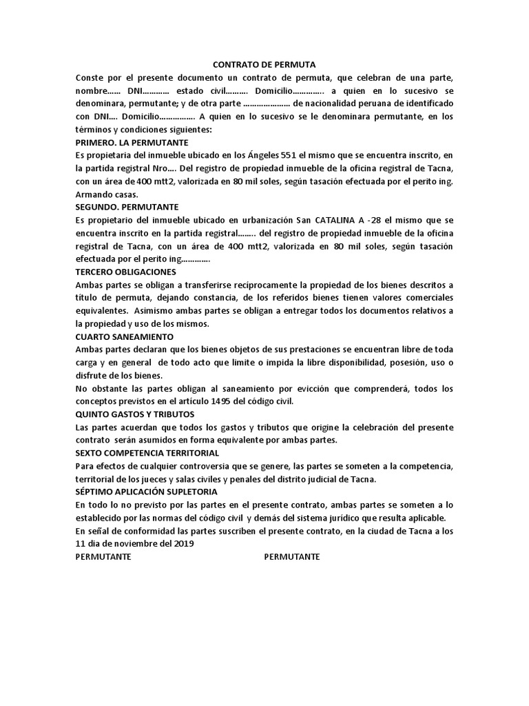 Contrato de Permuta Modelo Simple | Propiedad | Virtud