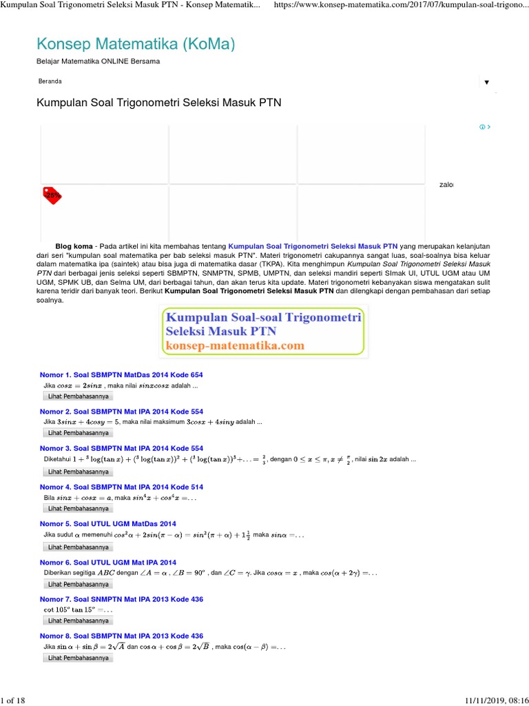 Kumpulan Soal Trigonometri Seleksi Masuk PTN - Konsep Matematika (KoMa ...