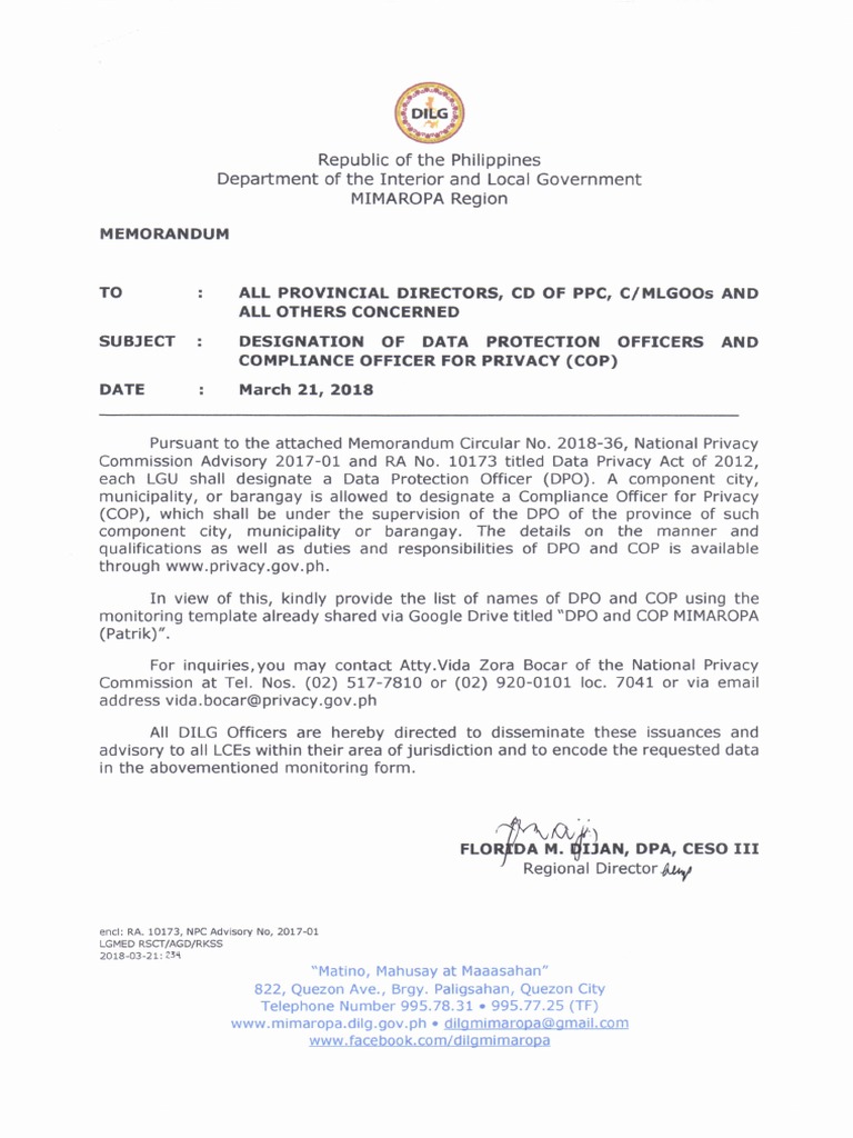MEMO - Designation of Data Protection Officers and COP | Information ...