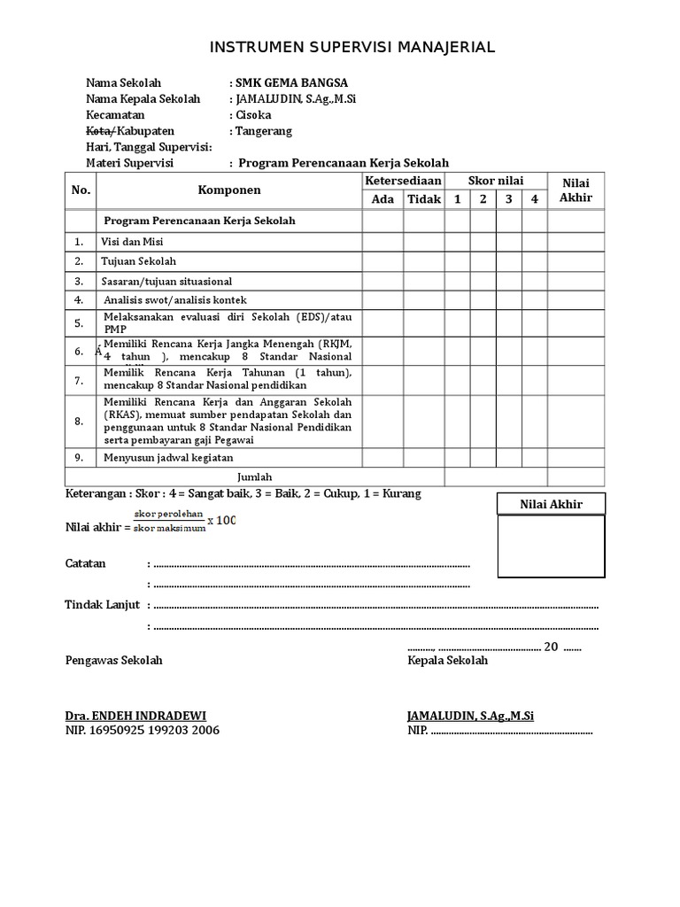 Instrumen Supervisi Manajerial Lengkap | PDF