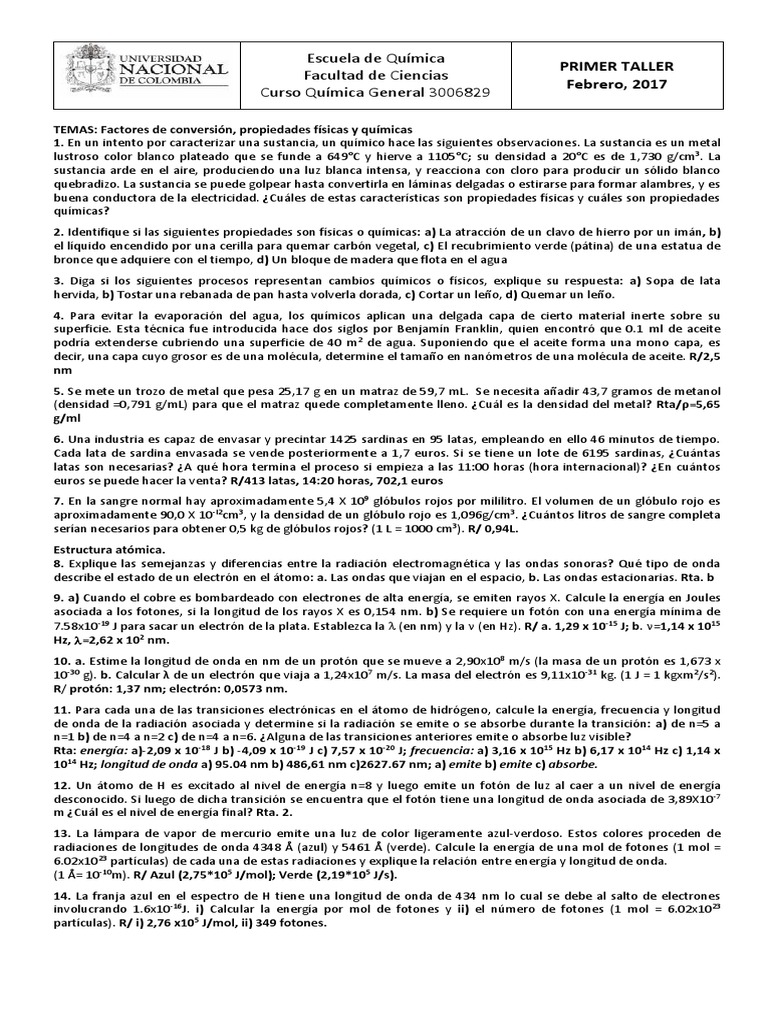Taller 1 Quimica General | PDF | Átomos | Ion