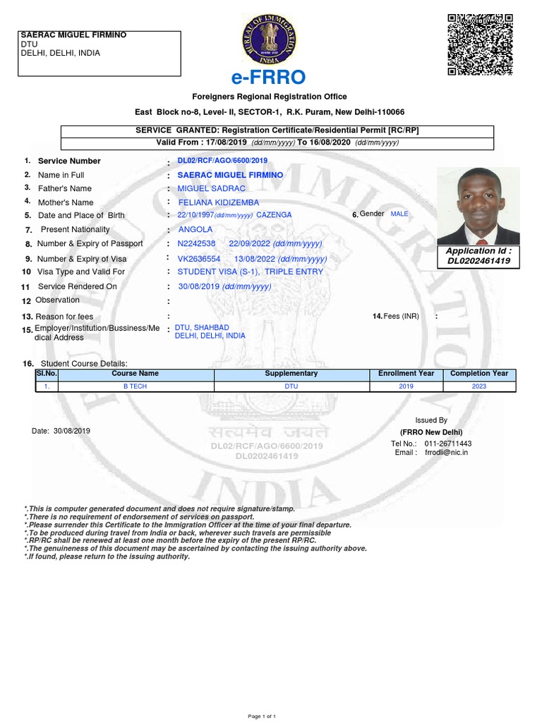e-FRRO: Saerac Miguel Firmino | Travel Visa | Passport