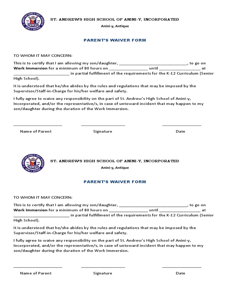 Parent's Waiver for Work Immersion | PDF | Career & Growth