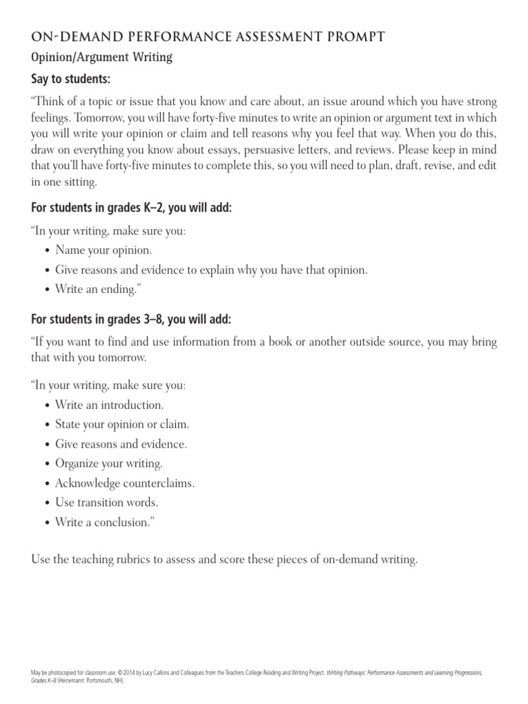On-Demand Performance Assessment Prompt Opinion/Argument Writing Say To ...