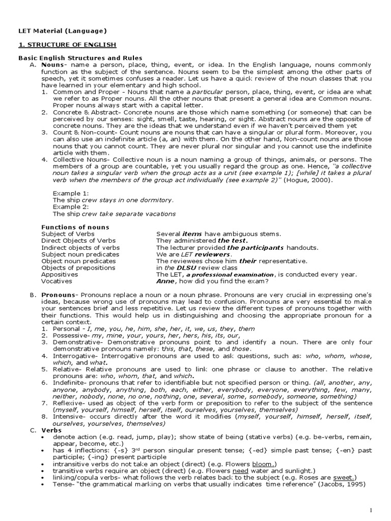 LET Material (Language) 1. Structure of English Basic English ...