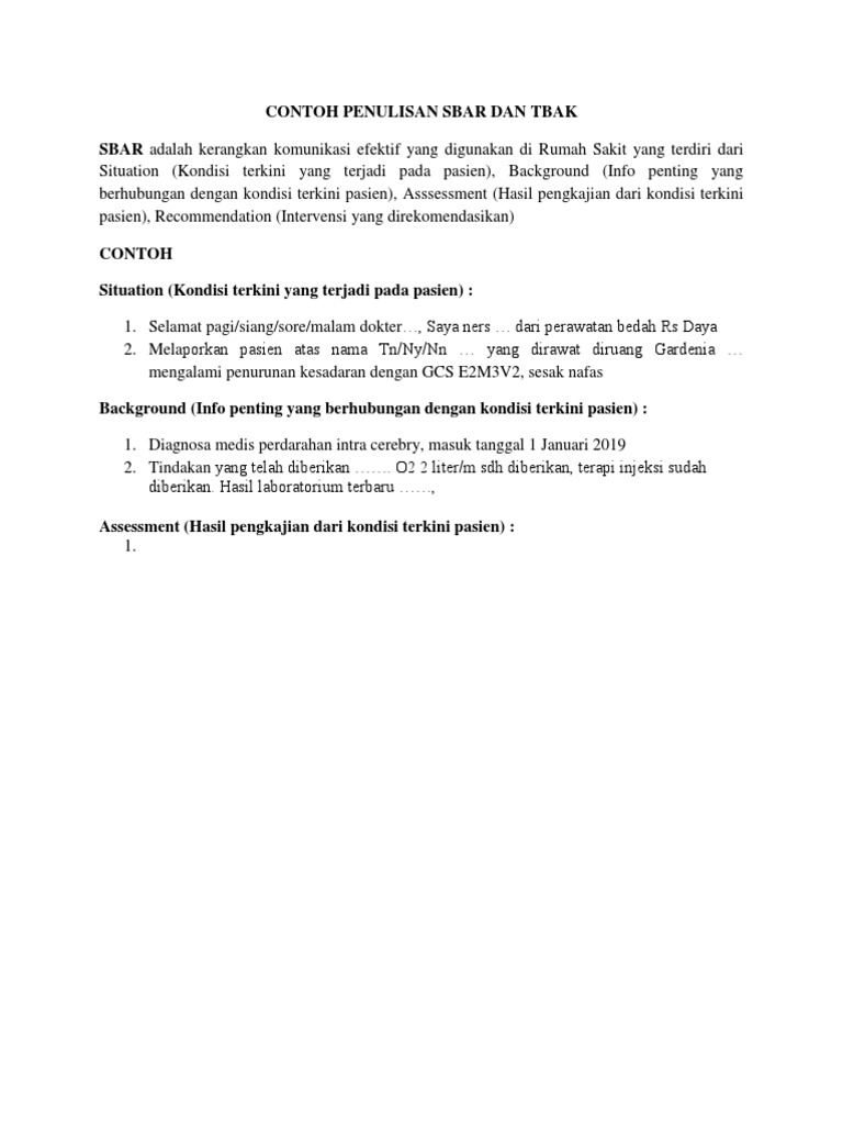 Contoh Penulisan SBAR Dan TBAK | PDF