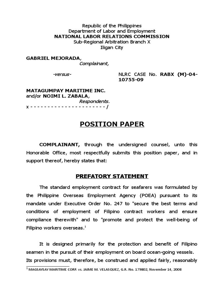 Position Paper Seaman | PDF | Affidavit | Employment