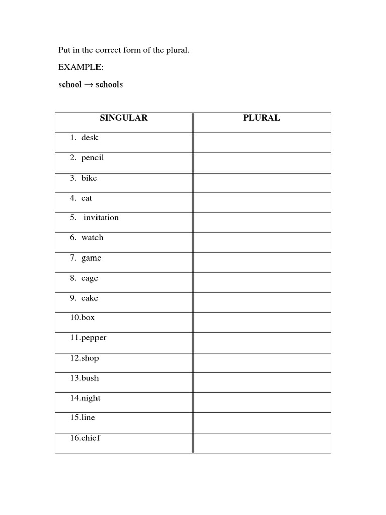 Put in The Correct Form of The Plural. Example: School Schools | PDF