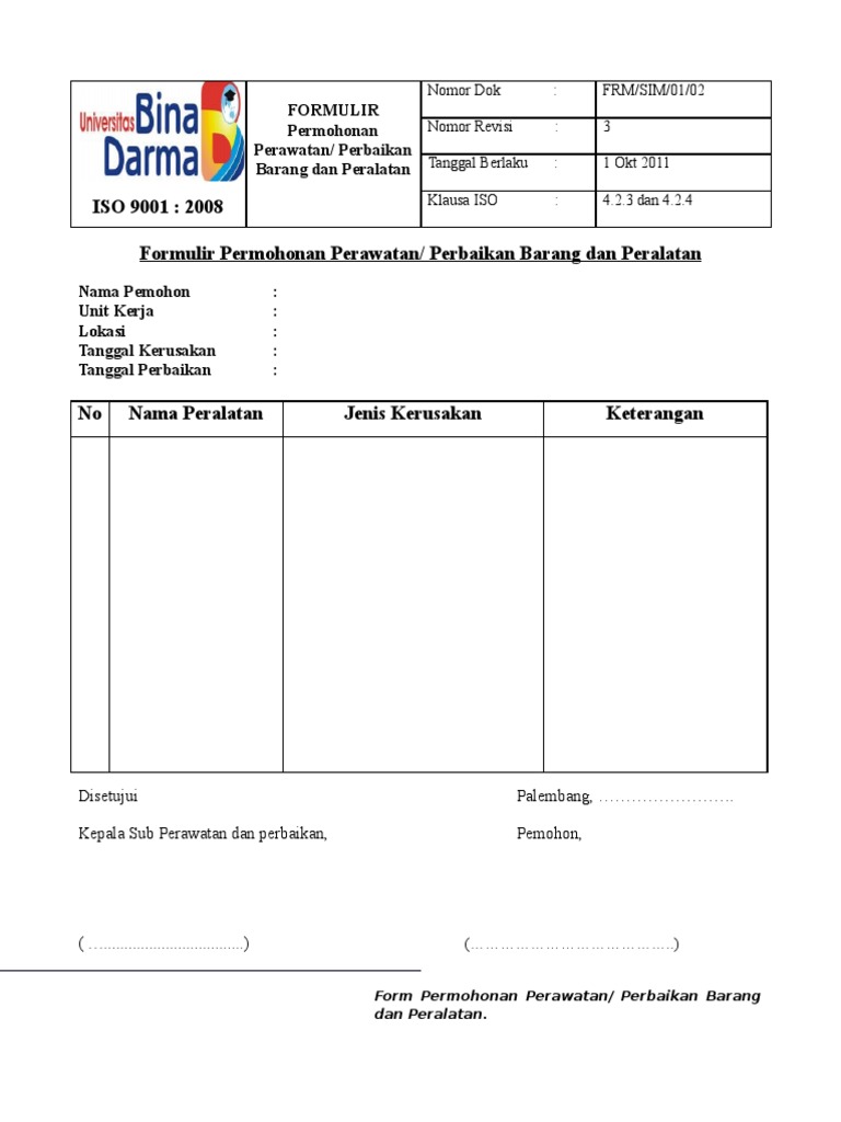 Formulir Permohonan Perbaikan Peralatan | PDF