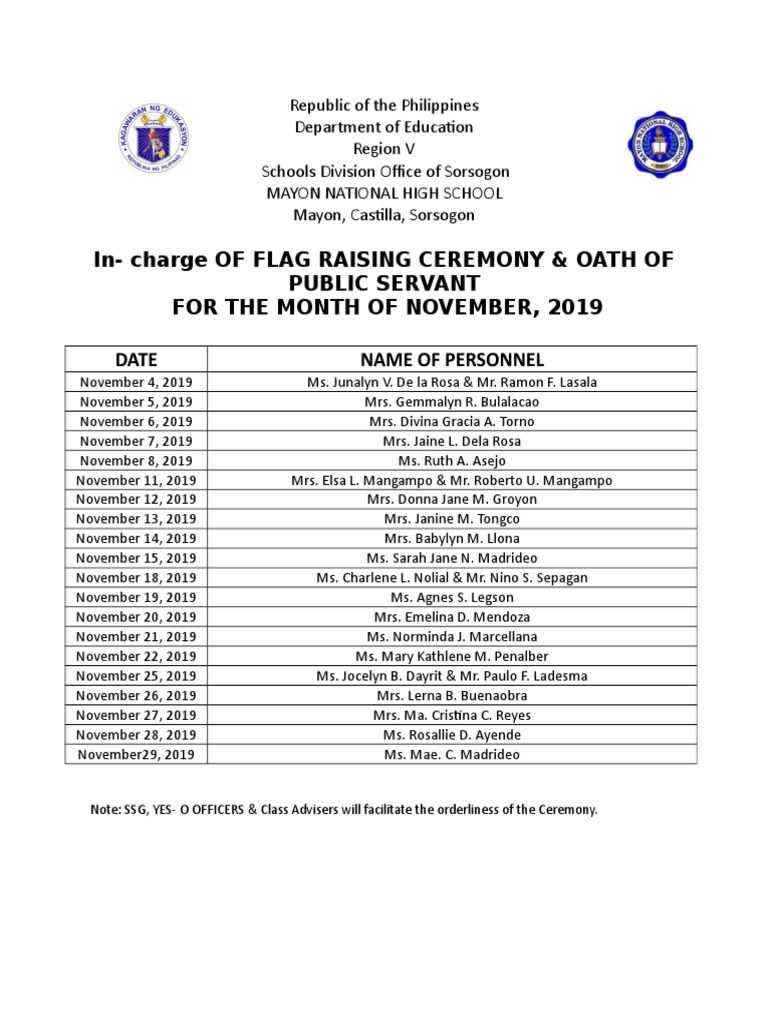 November 2019 Flag Ceremony Schedule | PDF