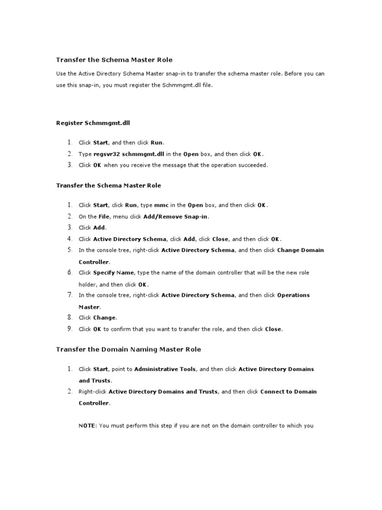 Transfer The Schema Master Role: Register SCHMMGMT - DLL | PDF