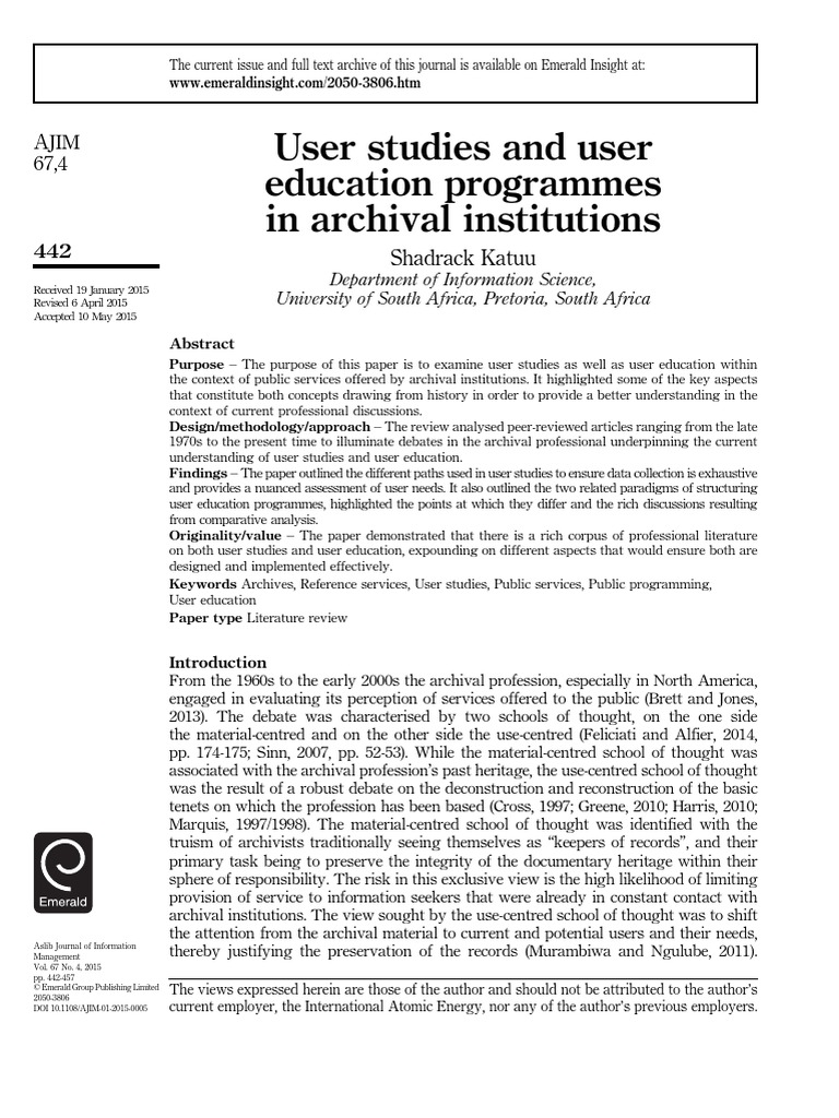 User Studies and User Education Programme in Archival Institution | PDF ...