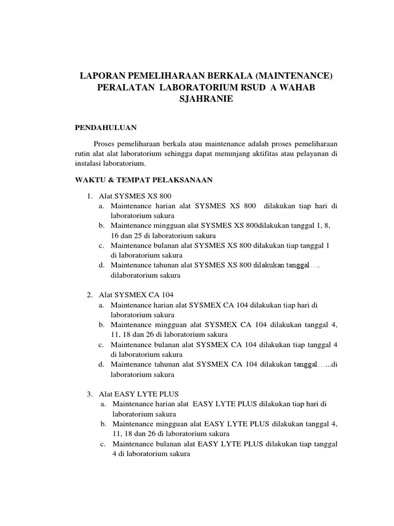 Lap Pemeliharaan Berkala Sysmex Xs 800, Easylyte, CA 104 | PDF