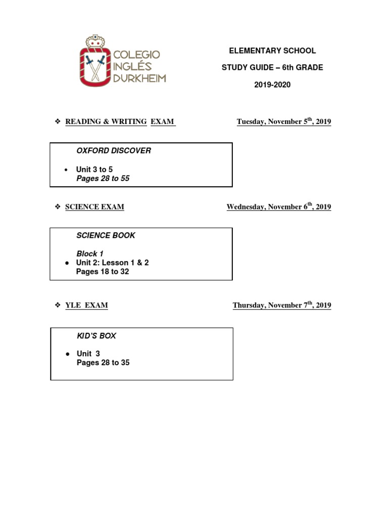 Elementary School Study Guide - 6th GRADE 2019-2020 | PDF