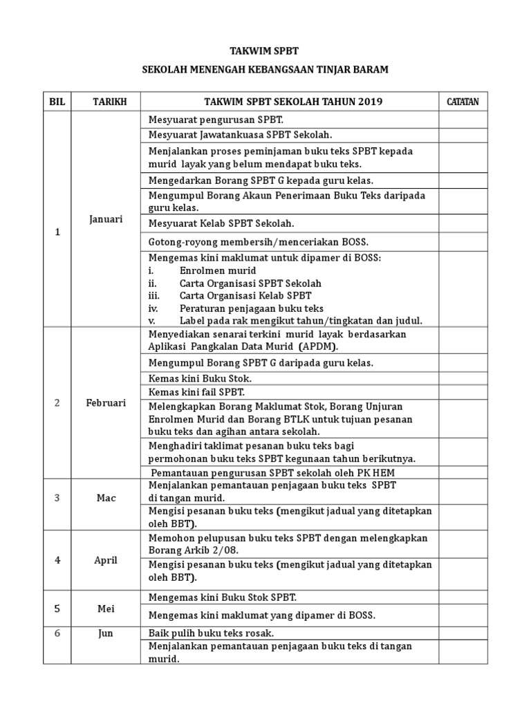 Contoh Takwim SPBT Sekolah-Ms 111-112 | PDF