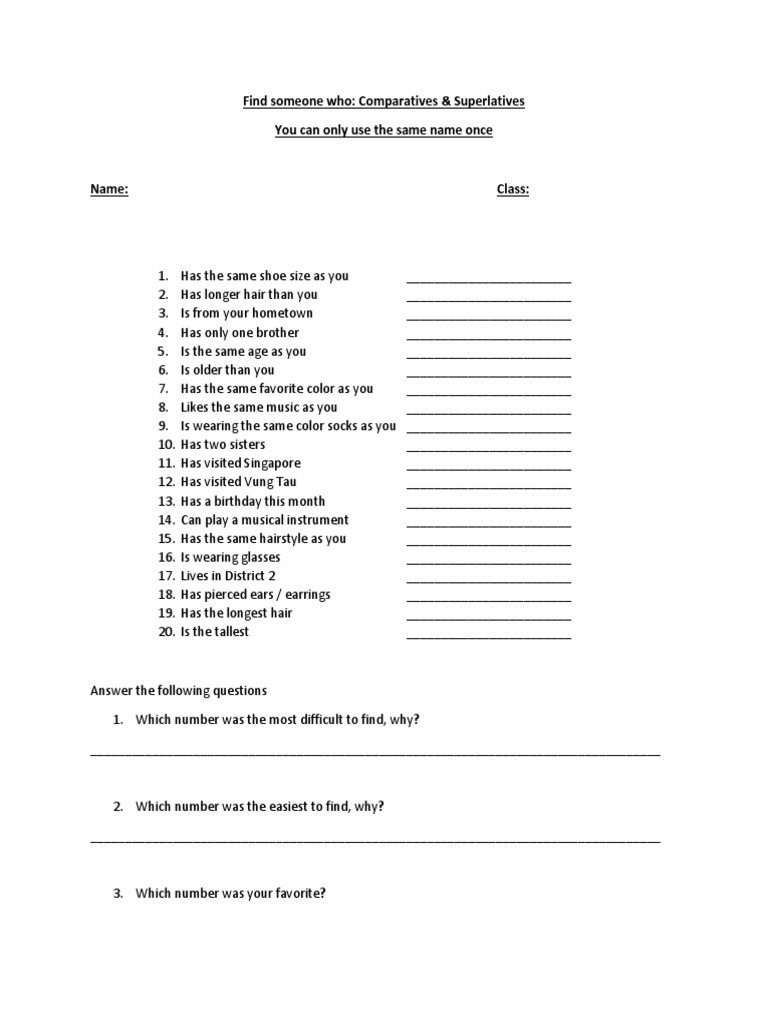 Find Someone Who: Comparatives & Superlatives You Can Only Use The Same ...