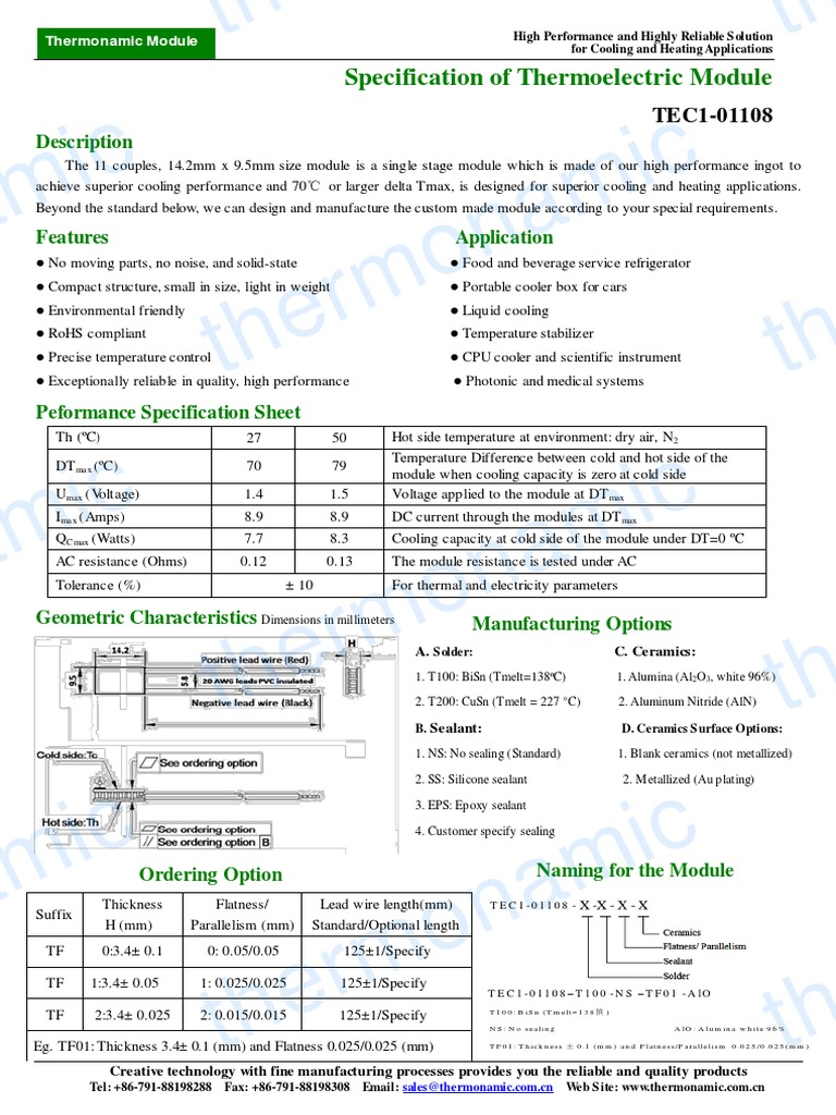 TEC1-12703 Thermoelectric Module Specs | PDF | Aluminium Oxide ...