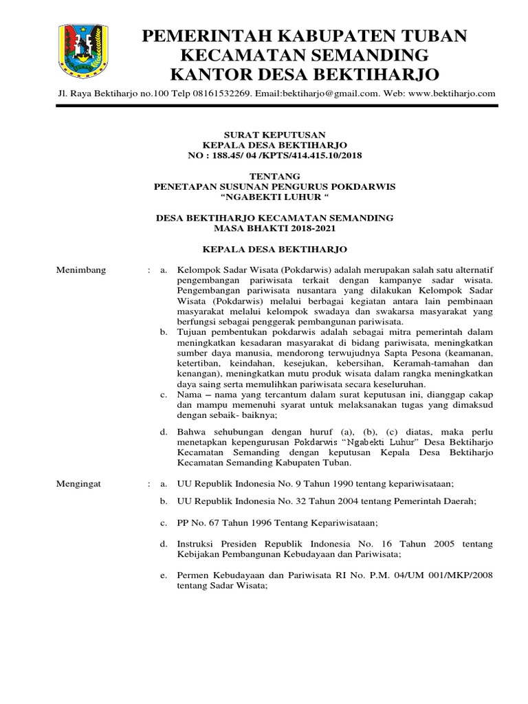 SK Pengukuhan POKDARWIS Ngabekti Luhur PDF | PDF