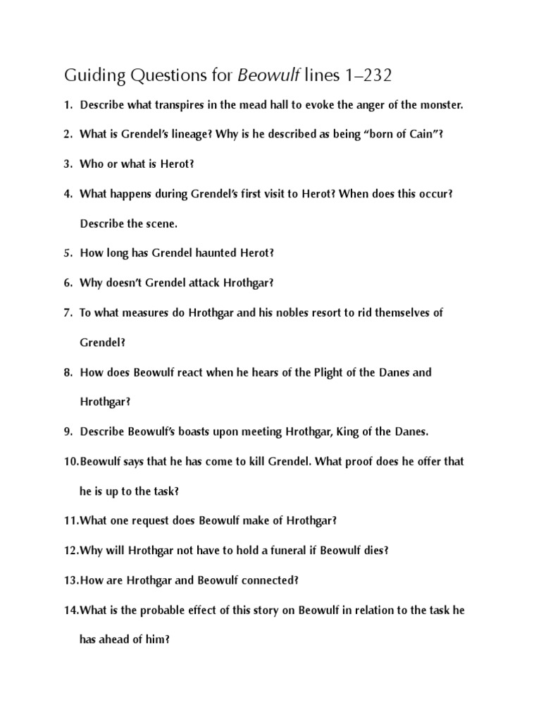 Beowulf Study Guide: Key Questions | PDF | History | Religion ...