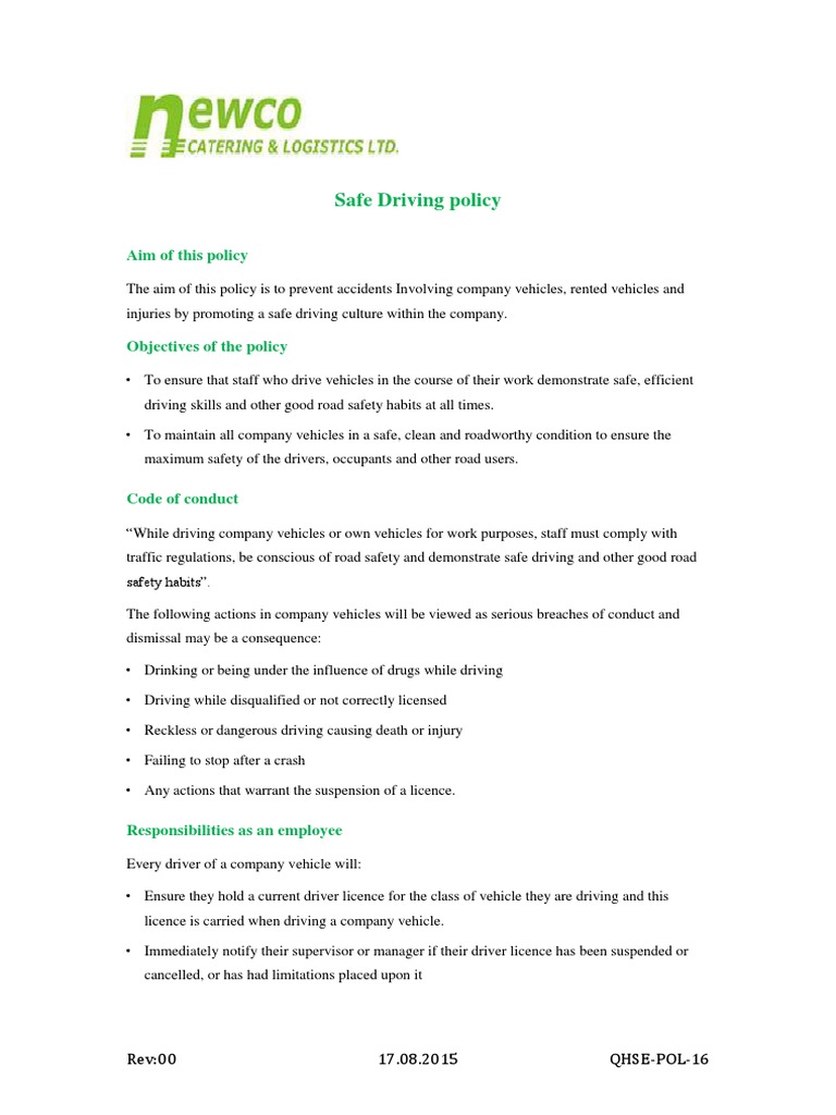Safe Driving Policy: Aim of This Policy | PDF | Driving | Driving Under ...