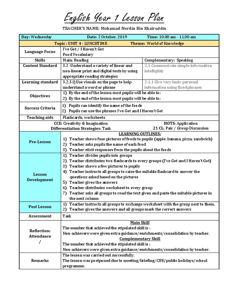 English Year 1 Lesson Plan 2019 | PDF | Lesson Plan | Cognitive Science