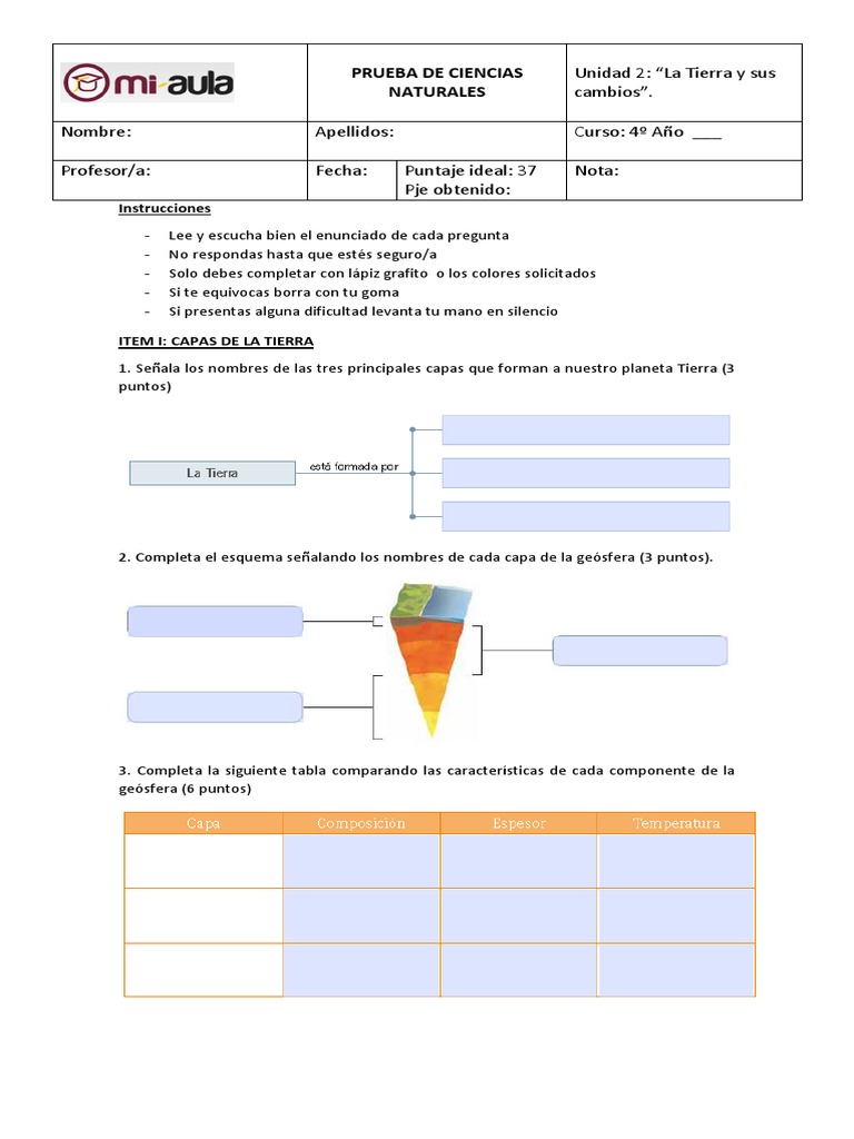 Prueba La Tierra y Sus Cambios 78993 20181117 20160502 134154 | PDF ...