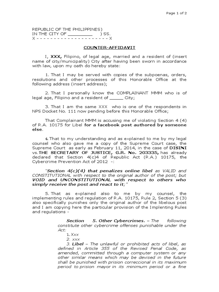 Counter Affidavit Against A Cyberlibel Complaint | PDF | Defamation | Affidavit