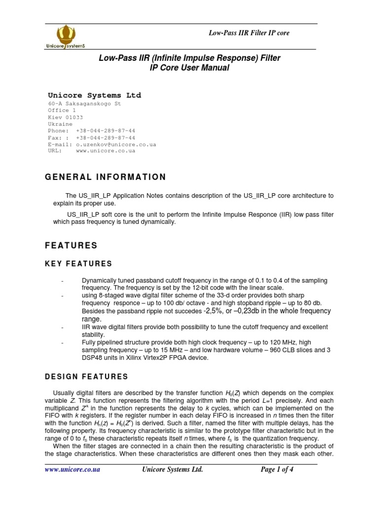 Unicore Systems LTD: Low-Pass IIR (Infinite Impulse Response) Filter IP Core User Manual | PDF ...