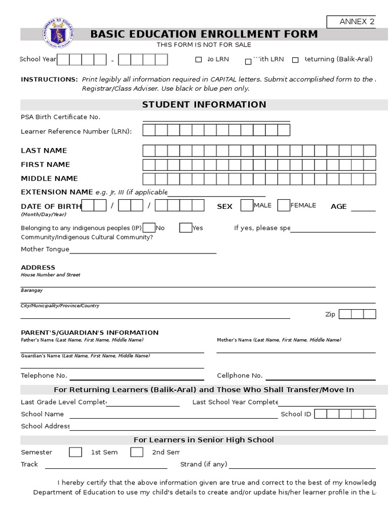Basic Education Enrolment Form | PDF | Behavior Modification | Cognition