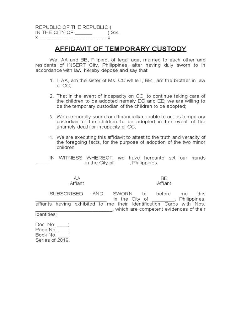 Affidavit of Temporary Custody in Adoption | PDF