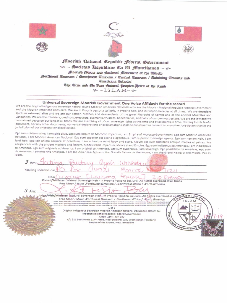 Universal Sovereign Moorish Government One Voice Affidavit For The ...