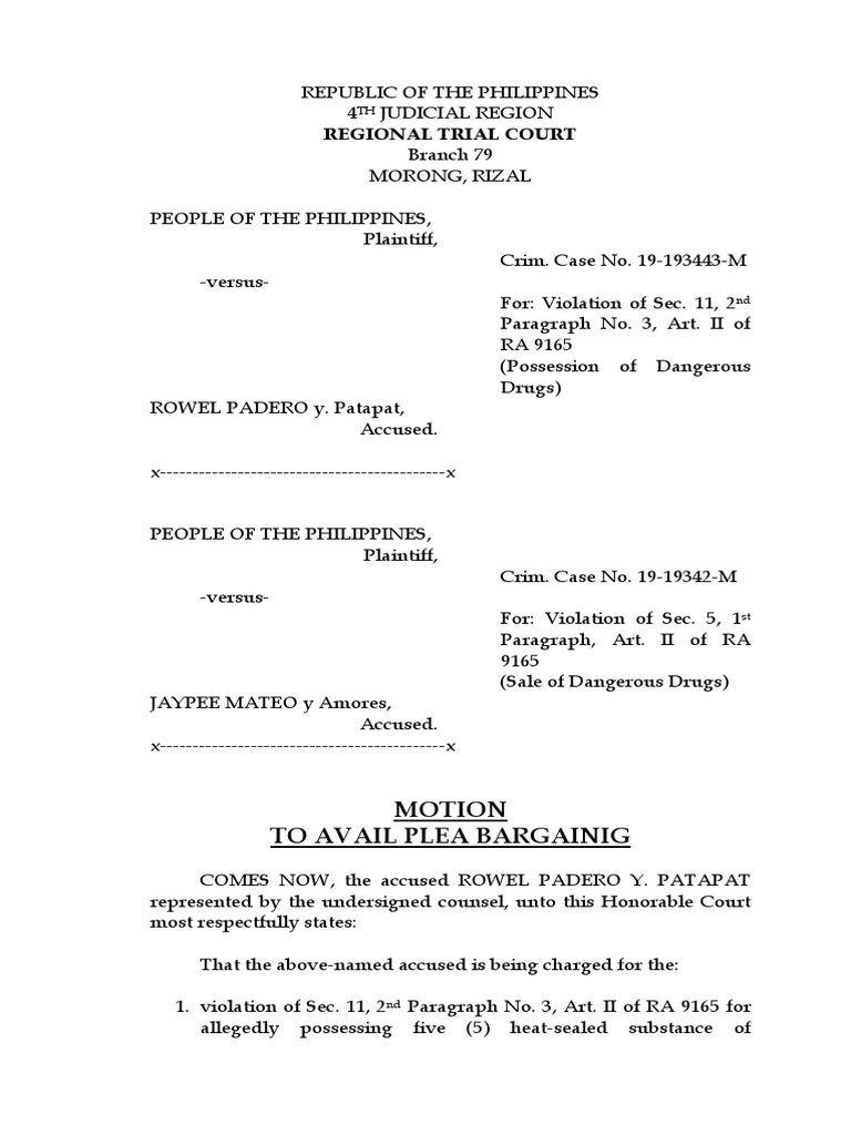 Motion To Avail Plea Bargainig: Regional Trial Court | PDF | Plea ...