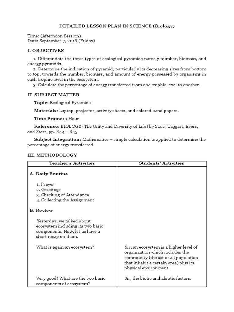 DETAILED LESSON PLAN IN SCIENCE (Biology) | PDF | Food Web | Biomass ...