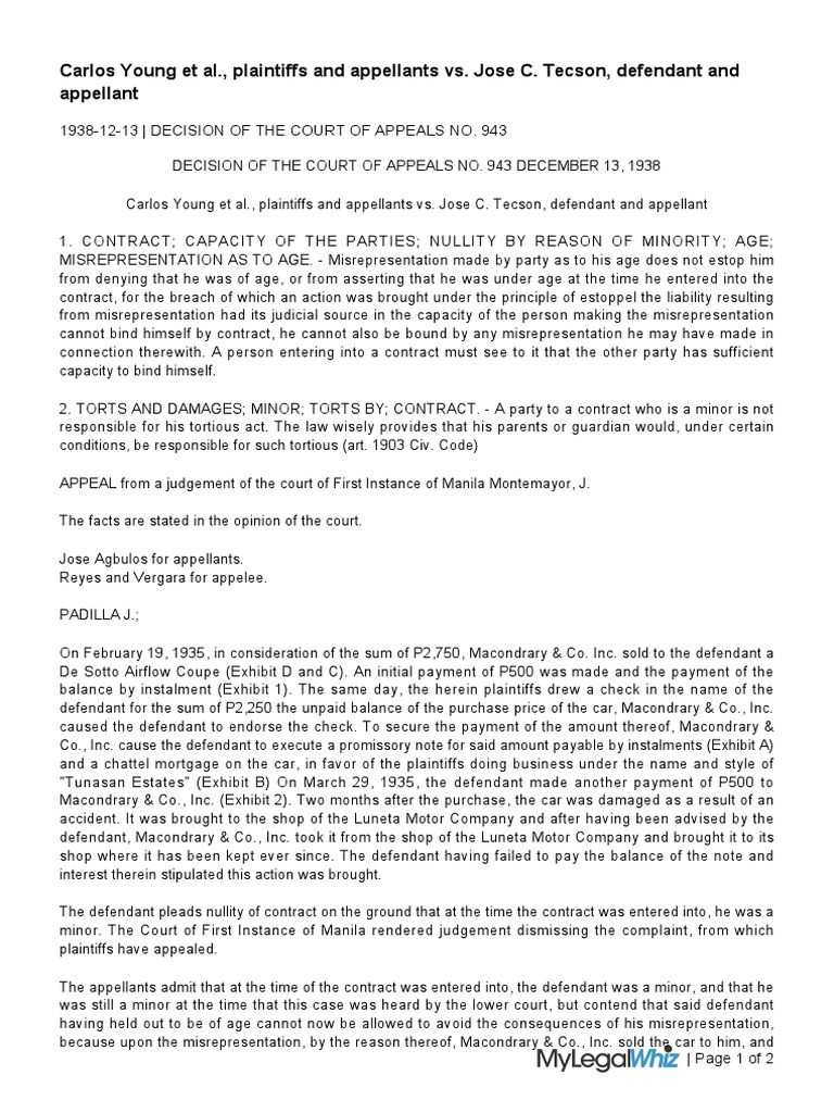 Young v. Tecson, 39 O.G. 943, December 13, 1938 | PDF | Misrepresentation | Tort