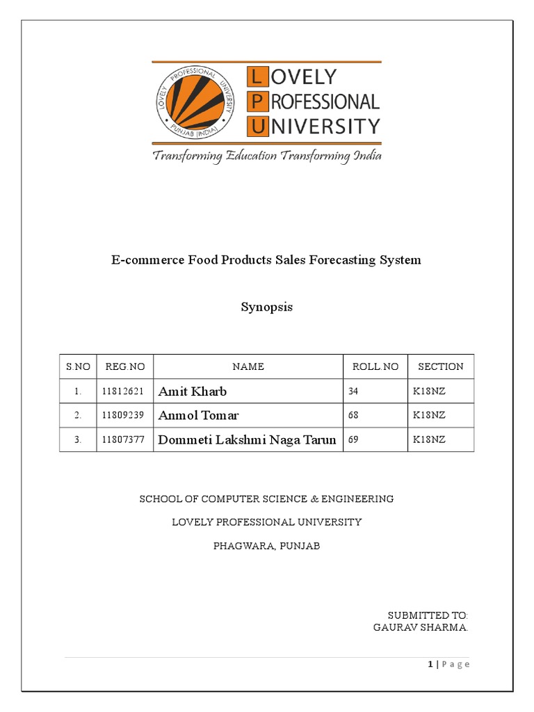 Python Synopsis For Ecommerce Food Products Sales Forecasting System ...