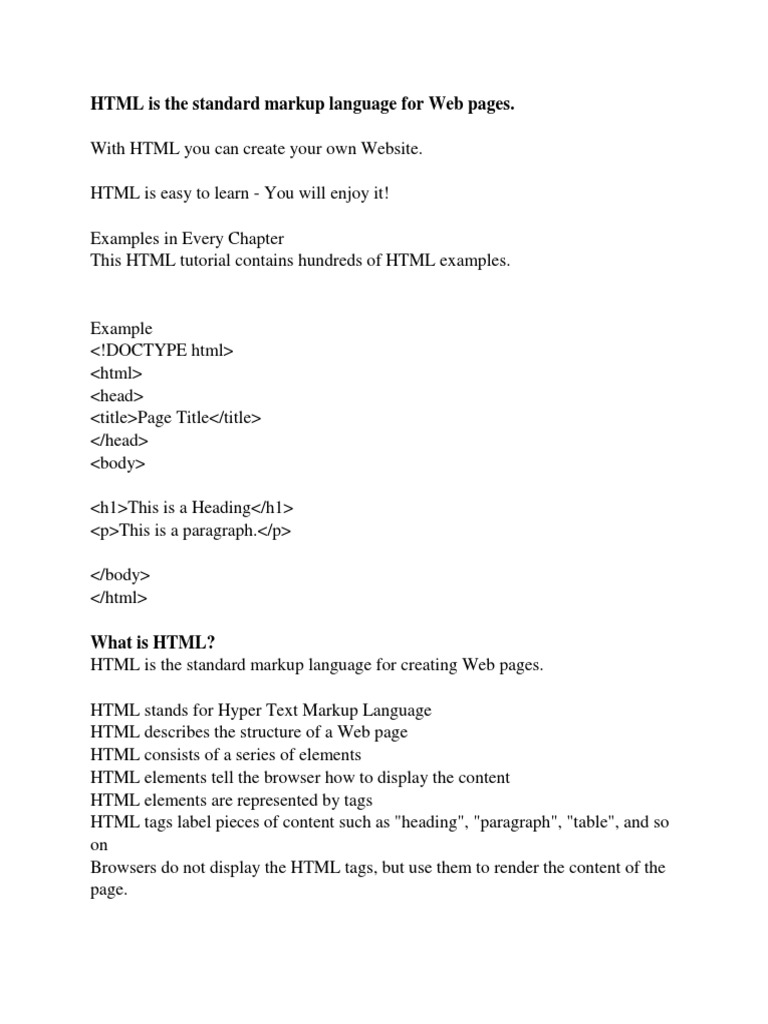 HTML Is The Standard Markup Language For Web Pages | PDF | Html Element ...