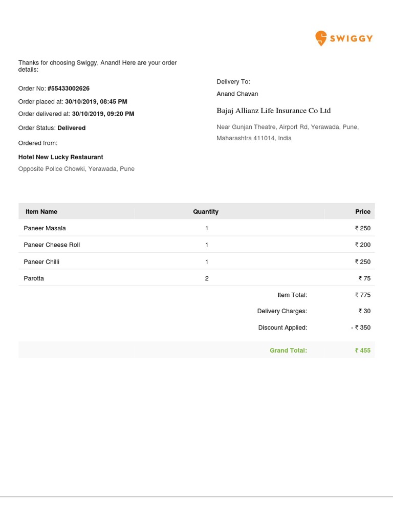 Bajaj Allianz Life Insurance Co LTD: Anand Chavan | PDF | Invoice ...