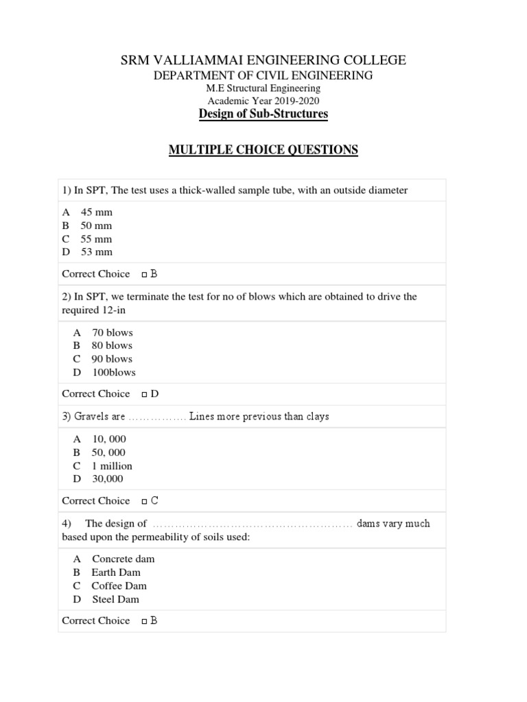Multiple Choice Questions | PDF | Geotechnical Engineering | Infrastructure