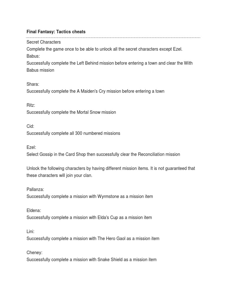 Final Fantasy: Tactics Cheats | PDF | Ninja | Leisure