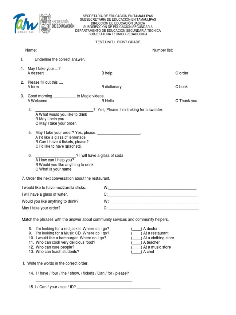 Test Unit I. First Grade | PDF