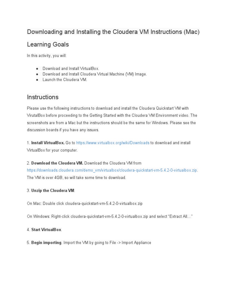 Downloading and Installing The Cloudera VM Instructions (Mac) Learning Goals | PDF