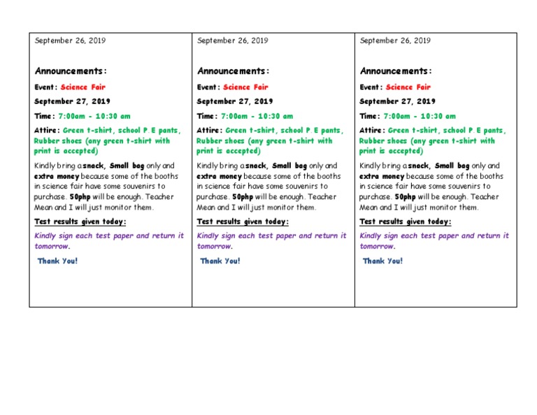Science Fair Reminders Kinder 1 2 | PDF